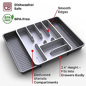 Mueller Large Flatware Kitchen Drawer Organizer, Expandable 19.7" x 15" Silverware Organizer, 6 Compartments, Heavy-Duty, Cutlery Tray for Utensils or Stuff, Dining Room, Living Room, Grey