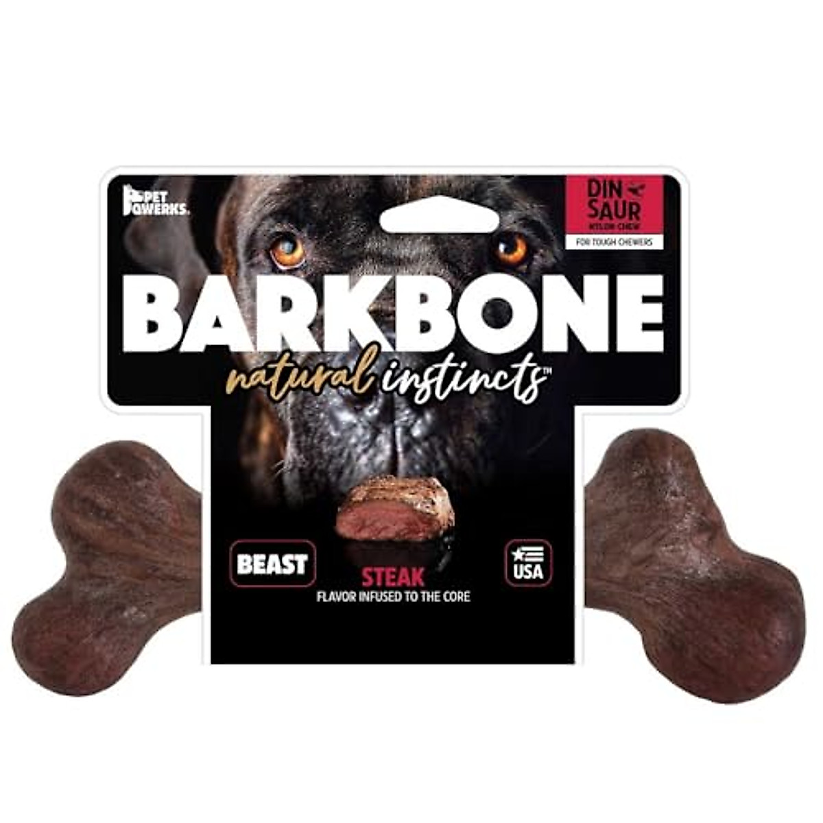 Pet Qwerks Dinosaur BarkBone - Nylon Dog Bone for Aggressive Chewers - Steak Flavor - 11"