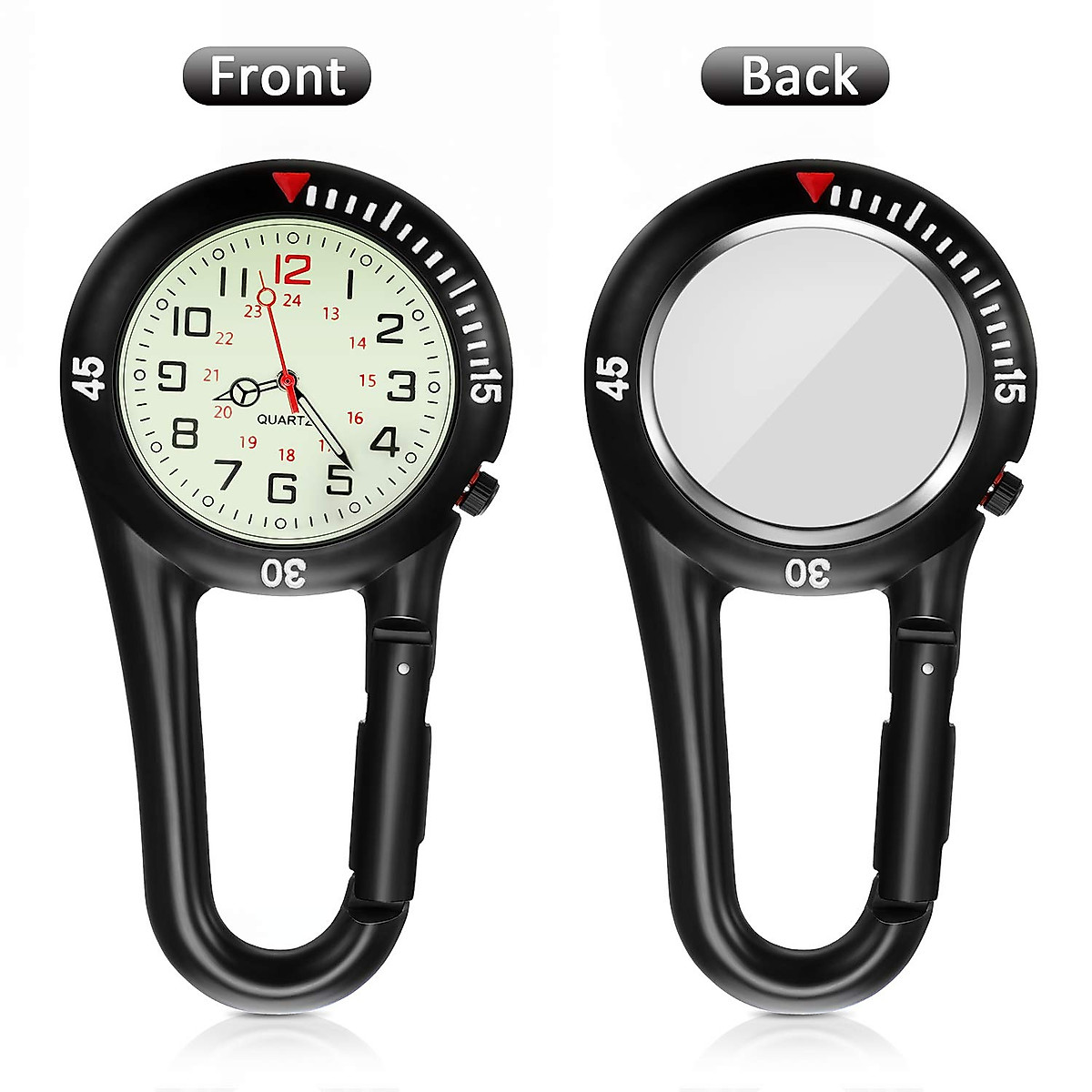 Hicarer 2 Pieces Clip on Quartz Watch Backpack Fob Belt Watch Glow in The Dark Unisex Pocket Watch with White Dial for Doctors Nurses Outdoor Activities (Black)