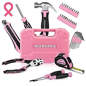 WORKPRO 35-Piece Pink Tools Set, Household Tool Kit with Storage Toolbox, Basic Tool Set for Home, Garage, Apartment, Dorm, New House, Back to School, and as a Gift - Pink Ribbon