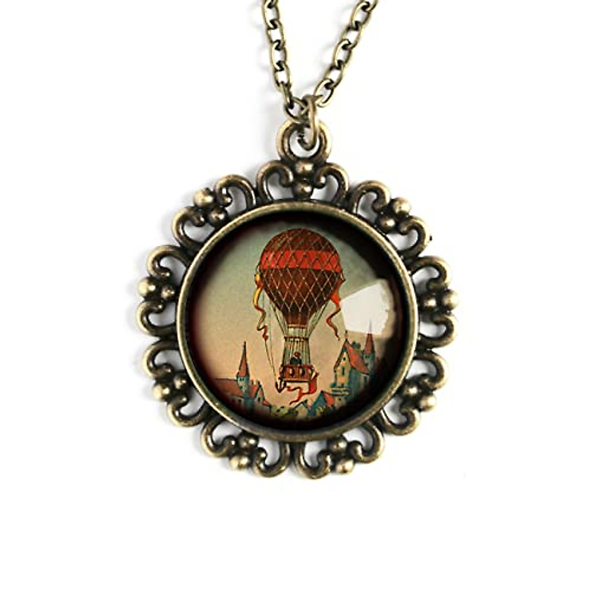 Red Hot Air Balloon Steampunk Ornate Pendant Necklace With 18" Nicke-Free Brass Chain