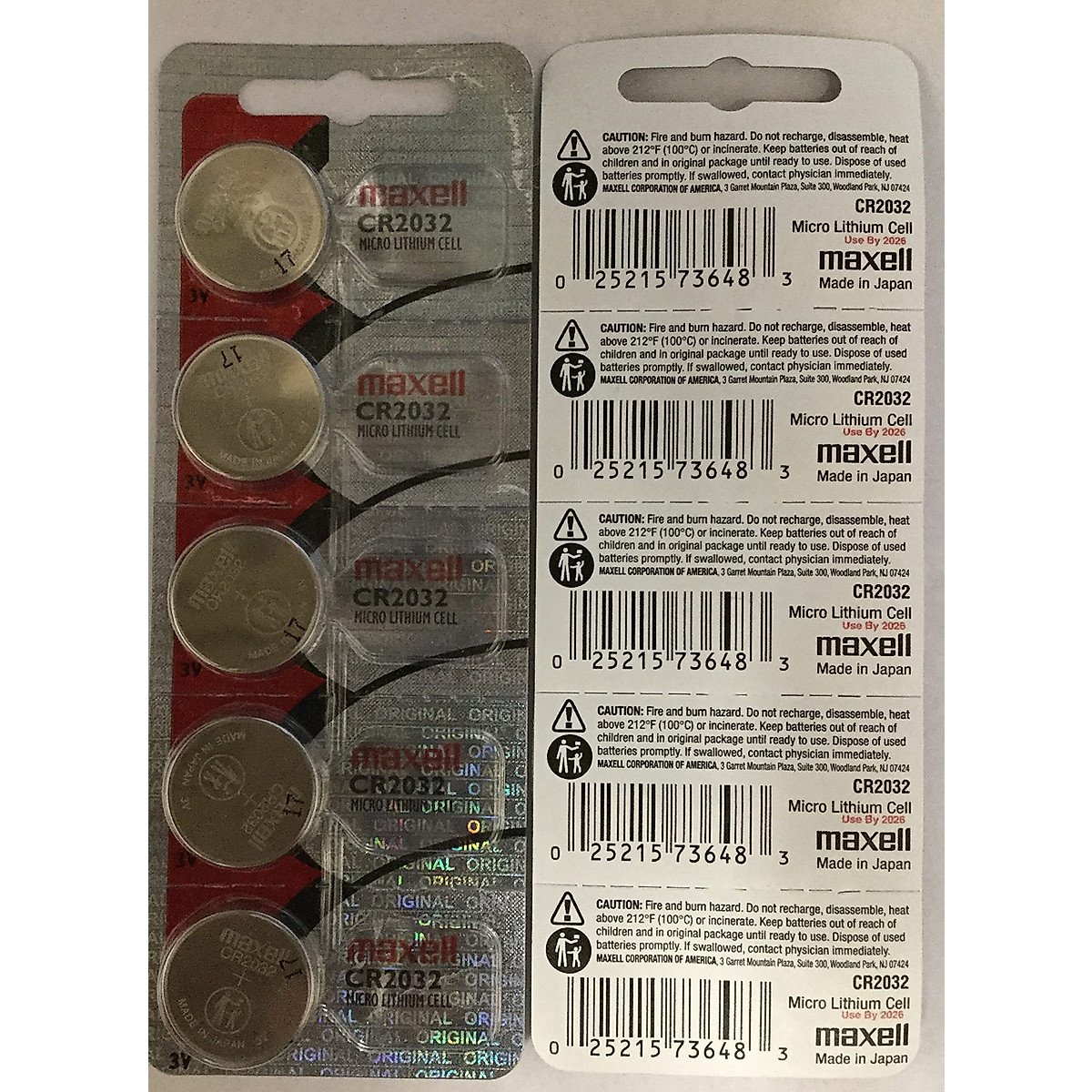 Strip of 5 Maxell CR2032 Lithium Coin Batteries