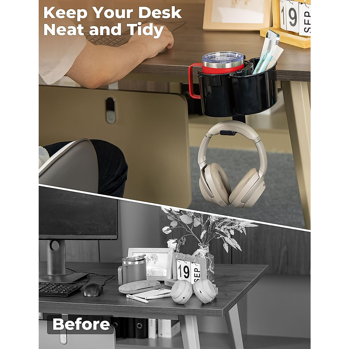 yamagahome Desk Cup Holder, 2 in 1 Large Table Cup Holder with Headphone Hanger, Anti-Spill Cup Holder for Water Bottles 18-40 oz, for Wheelchairs, Workstations, Gaming Desk Accessories black