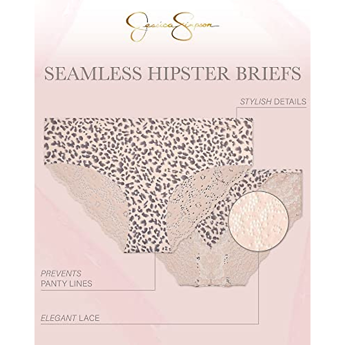 Jessica Simpson Women's Hipster Underwear - 5 Pack Microfiber Lace Trim No Show Seamless Panties, (Sizes: S-XL), Size Medium, Mauve/Angel Wing/Indigo/Blue