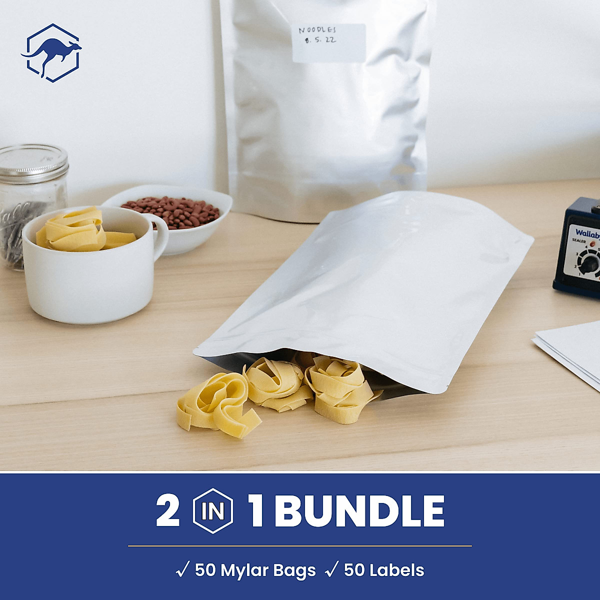 50x Wallaby 2-Quart Gusset Mylar Bag Bundle - (7 Mil - 8" x 12") Stand-Up Zipper Pouches + 50x Labels - Heat Sealable, Food Safe, & Reliable Long Term-Food Storage Solutions - Silver