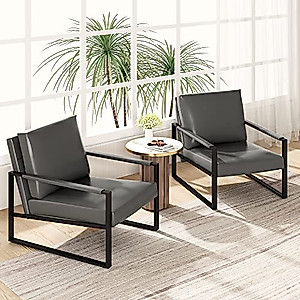 AWQM Modern PU Leather Accent Chair Arm Chair with Extra-Thick Padded Backrest and Seat Cushion Sofa Chairs for Living Room Bedroom, 105 Degree Slant Back, Non-Slip Adsorption Feet, Grey