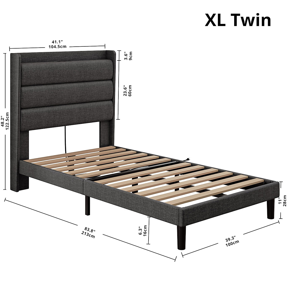 LIKIMIO Twin XL Bed Frames, Storage Headboard with Outlets, Sturdy and Stable, No Noise, No Box Springs Needed, Dark Gray