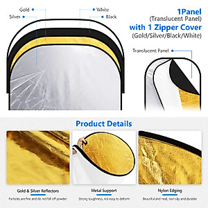 NEEWER 59"x79"/150x200cm Light Reflectors for Photography, Portable 5 in 1 Collapsible Multi Disc with Bag - Translucent, Silver, Gold, Black, White Diffuser for Studio and Outdoor Lighting
