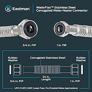 Eastman 24 Inch WaterFlex Water Heater Connector, 3/4 Inch FIP x 1 Inch FIP, Stainless Steel Corrugated Water Heater Supply Line, 437524