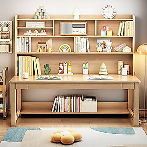 BALANBO Kids Desk Kids Table with Hutch for Children Wood Table Solid Wood Desk Two Positions Suitable for Two People Suitable for Children's Study Adult Home Office and Other Places(Natural)