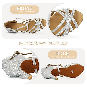 FUKZTE Women Rhinestone Ballroom Dance Shoes Latin Salsa Dance Shoes Practice Party Dance Shoes,Silver 3.35 inch Heel,9.5 US