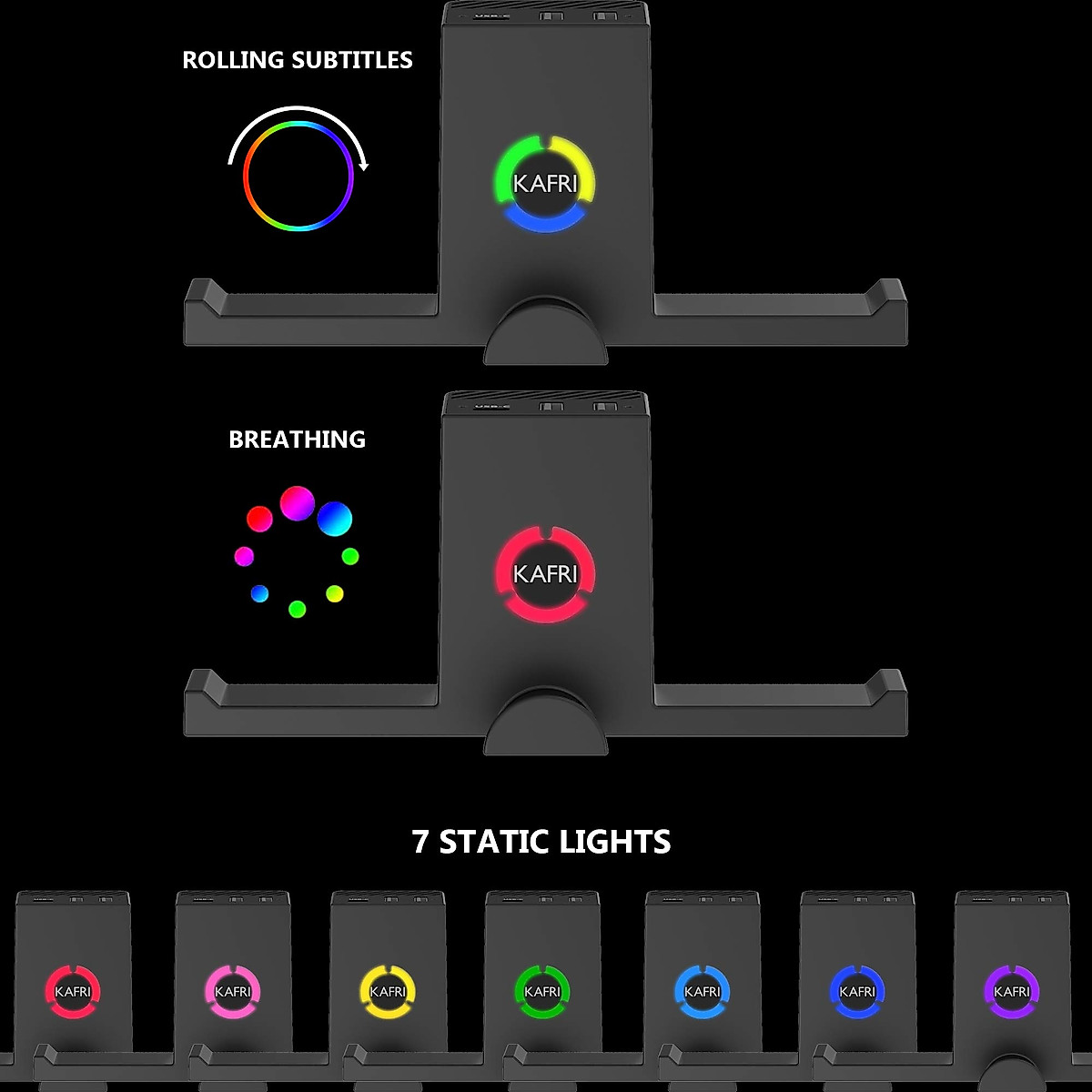 KAFRI RGB Headphone Stand Hanger with USB C Charger, Under Desk Dual Headset Holder Earphone Hook Mount Rack with 3 USB Charging Ports, PC Gaming Desk Accessories