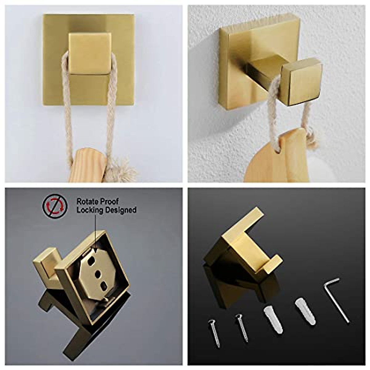 Towel Hooks for Bathrooms Brush Gold Stainless Steel 304 Robe and Coat Hook Modern Square Heavy Duty Wall Mount Clothes Hook 2 of Pack… (Brush Gold)