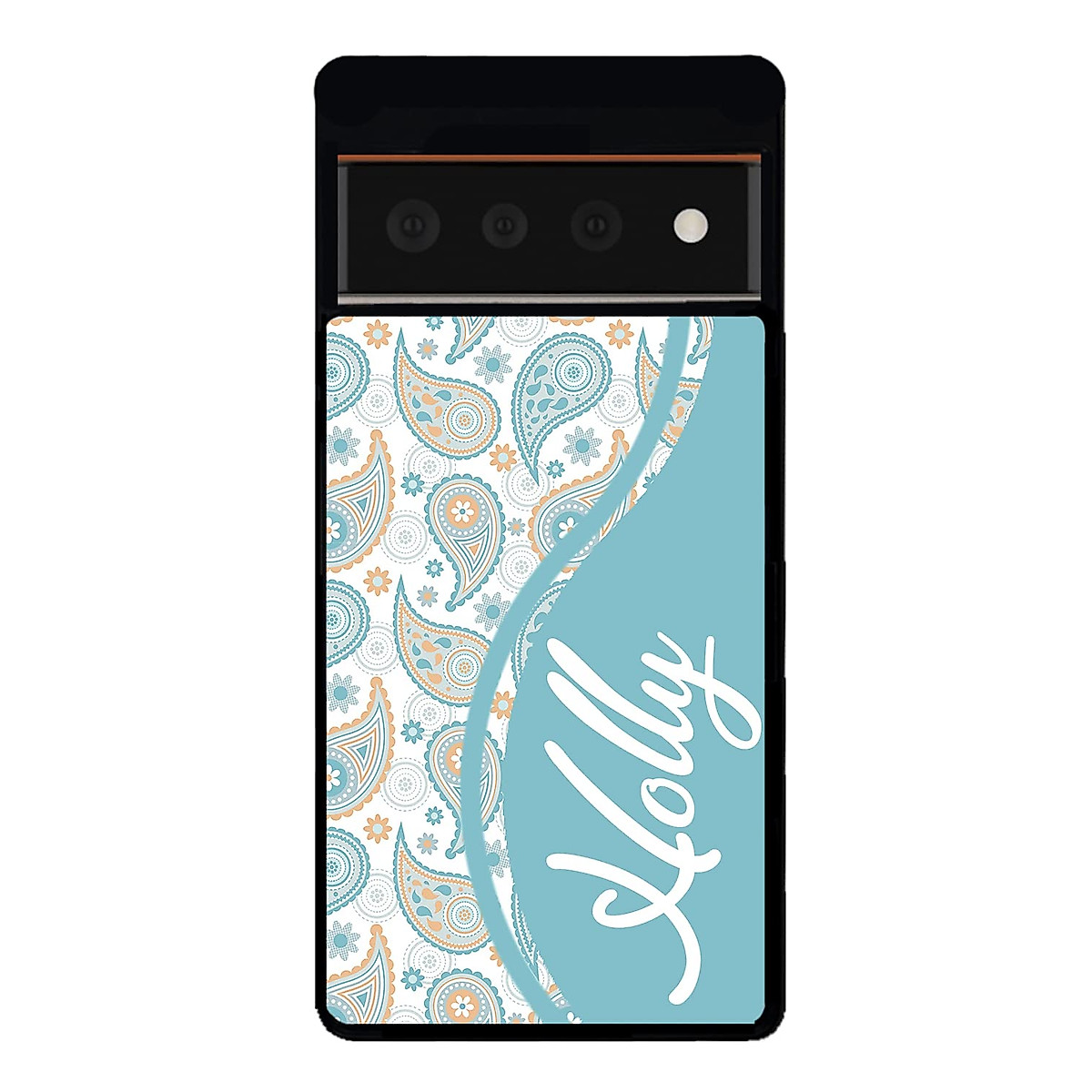 Teal Blue Orange Paisley Personalized Black Rubber Phone Case Compatible With Google Pixel 8 Pro, 8a, 8, 7a, 7, Pixel 7 Pro, 6a, Pixel 6 Pro, 6, 5, 4a 5G, 4a 4G, 4, 4 XL, 3a, 3a XL, 3, 3 XL, 2 XL