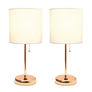 Limelights LC2002-RGD-2PK Rose Gold Stick Lamp with USB Charging Port and White Fabric Shade 2 Pack Table Desk Lamp Set