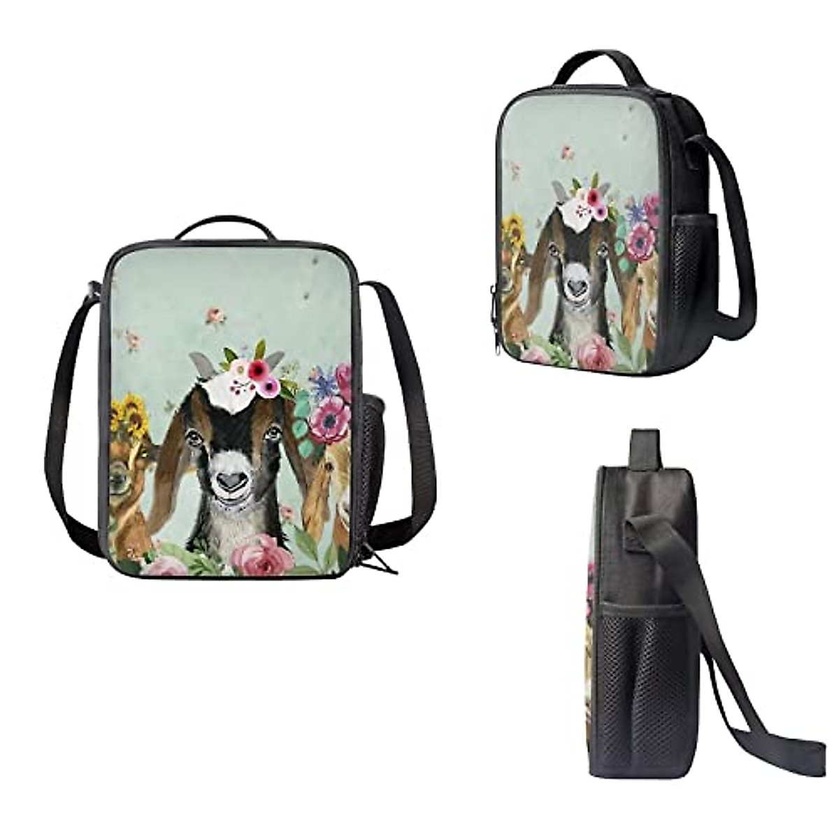 PCSJRKG Goat Hibiscus Flowers 3Pcs Girl Backpack Sets, Leightweight Durable Schoolbag with Lunch Bag and Pencil Bag, Elementary Students Daypack Primary Schoolbag for School