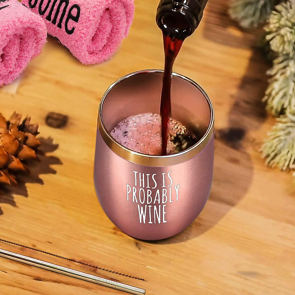 KAIRA This is Probably Wine Tumbler 12 Oz with Lid and Straw Funny,Birthday Gifts Set for Women Best Friends,Idea for Women,Stainless Steel Insulated Cup with Saying,with Gift Box Socks Greeting Card