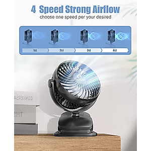 LEMOISTAR AA Battery Operated Clip on Fan, Stroller Fans, USB Powered Portable Desk Fan 4 Speeds Personal Golf Cart, Small Table Fan, Wireless, for Camping Hurricane Office Bed-Black