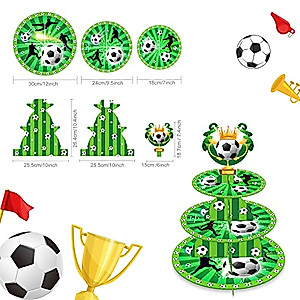 LJCL 2PCS 3-Tier Soccer Cupcake Stand and Dessert Tower, Football Cupcakes Stand Reusable Kid Birthday Baby Shower Sports Theme Party Supplies Dessert Stand, 12X15in