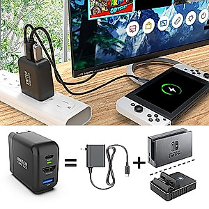 Switch Dock Charger for Nintendo Switch, Mirabox 36W Portable TV Docking Station for Nintendo Switch with 4K@60Hz HDMI/USB2.0/PD USB-C Fast Charging Ports, Full-Featured USB-C to USB-C Cable Included