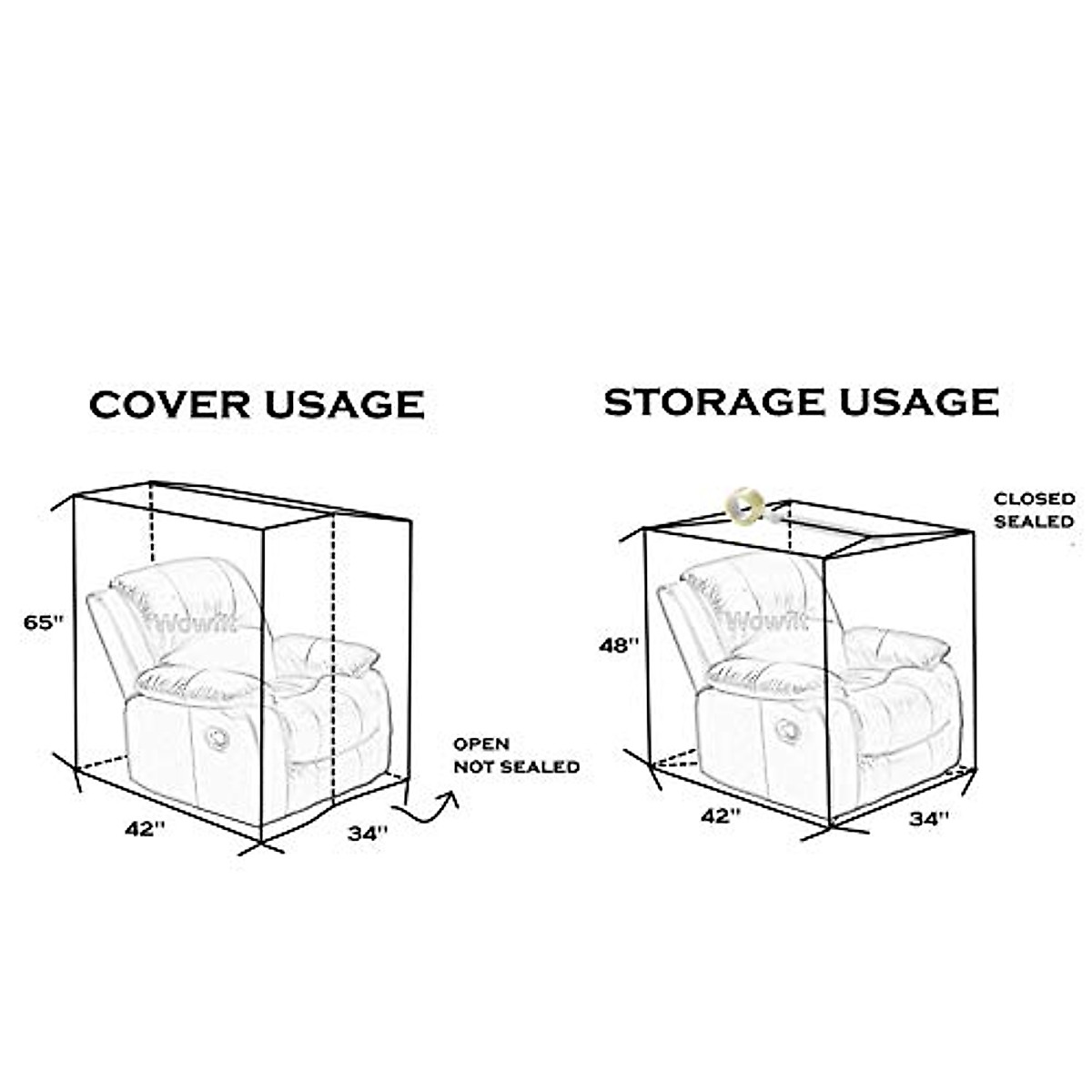 Wowfit Furniture Cover – Dust-Proof Moving Bag for Chairs, Recliners, & Moving Boxes – Clear & Odorless Plastic Bag for Moving – 4mil Thick Chair Cover – 34W x 42D x 65/48H Inches