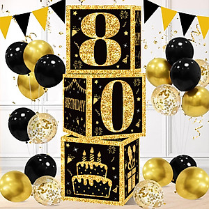 80th Birthday Decorations Boxes for Men- 3PCS Black Gold Happy 80th Birthday Balloons Boxes, 80 Year Old Party Supplies for Men Women