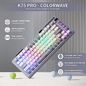 KZZI K75 PRO RGB 75% Wireless Gasket Mechanical Keyboard, Triple Mode BT 5.0/2.4G/USB-C 82 Keys Hot Swappable Gaming Keyboard w/Knob & Power Display, Custom Linear Switches, Purple Gray