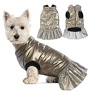 BRKURLEG Small Dog Cold Weather Coats,Gold Winter Doggie Jacket for xs s Medium Dogs Girl,Fleece Cozy Warm Padded Skirt for Puppy Thick Vest Dress,Water Resistant Snowsuit for Chihuahua Poodle Shihtzu