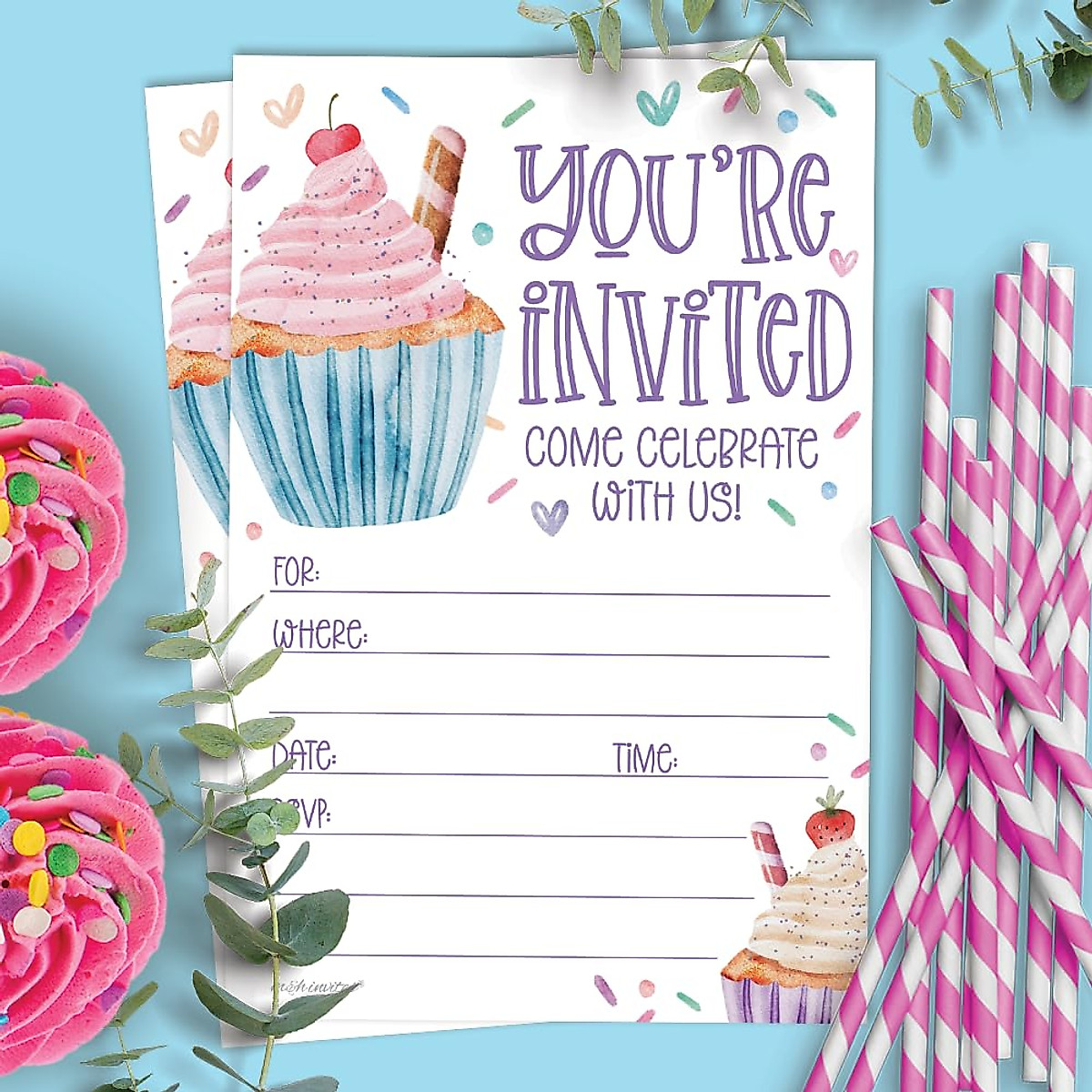 Cupcake Birthday Party Invitations (20 Count With Envelopes) - Watercolor Cupcakes And Sprinkles Birthday Invites