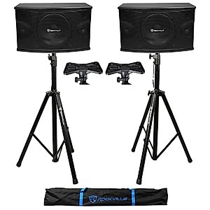 Pair Rockville KPS10 10" 3-Way 1200 Watt MDF Karaoke/Pro Speakers+Tripod Stands