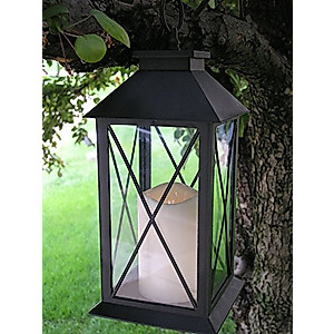 Black Decorative LED Lantern with Cross Bar Design - Pillar Candle with 5 Hour Timer Included - Hanging or Sitting Decoration - Set of 2 - 13"H