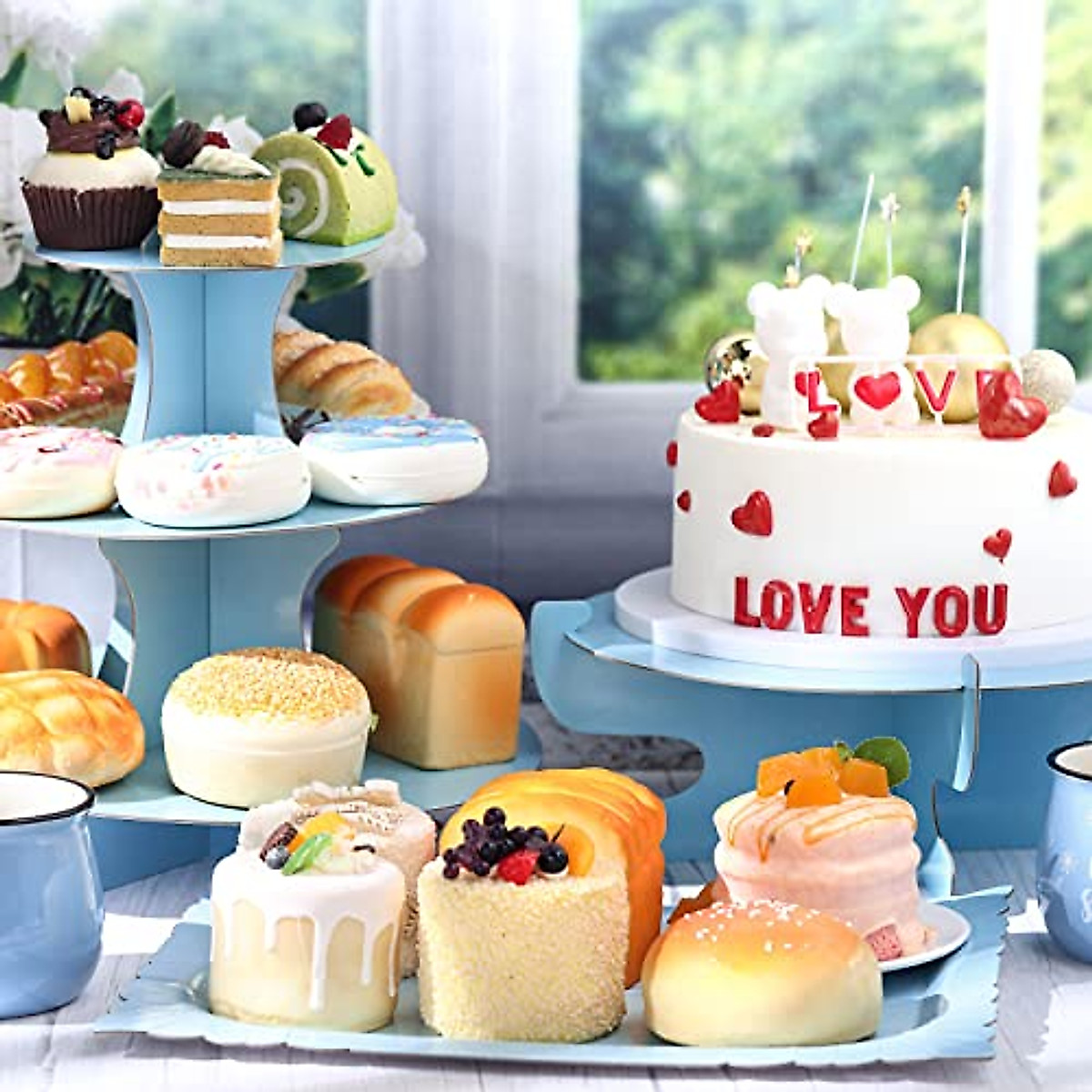 7 Pieces Cake Stand Set 3-Tier Cardboard Cupcake Stand 1-Tier Cake Stand Round Dessert Stand Rectangle Serving Tray Reusable Platters Cupcake Holders for Desserts Birthday Party (Sky Blue)