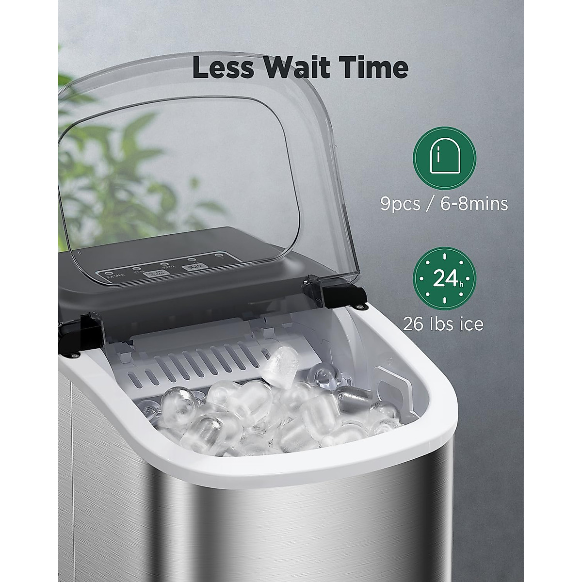 Silonn Ice Makers Countertop, 9 Cubes Ready in 6 Mins, 26lbs in 24Hrs, Self-Cleaning Ice Machine with Ice Scoop and Basket, 2 Sizes of Bullet Ice