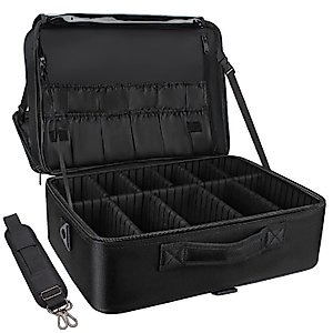 Relavel Extra Large Makeup Case Travel Makeup Train Case Professional Makeup Artist Bag Portable Nail Organizer Box Art Supply Case with Adjustable Dividers/Attach to Trolley/Shoulder Strap (Black)