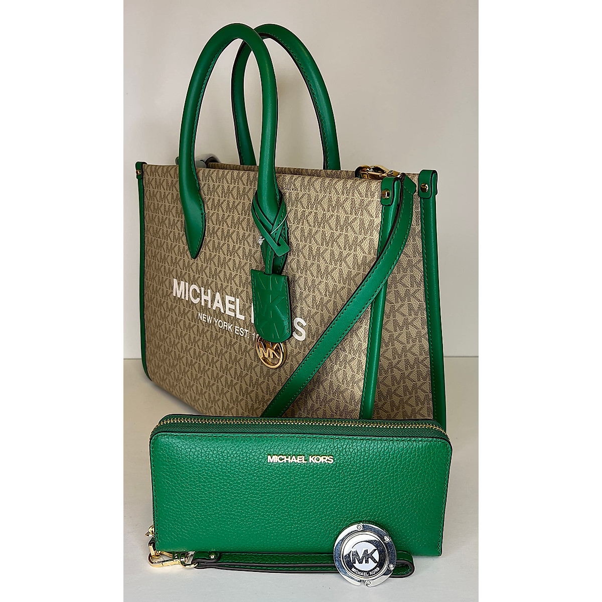 Michael Kors Mirella MD EW Logo Tote Bag bundled with Large Continental Wallet and Purse Hook (Palmetto Green)