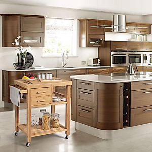 Giantex Kitchen Island, Bamboo Island Cart, Kitchen Trolley Cart on Wheels, Rolling Kitchen Cart, 2 Drawers, Towel Rack, Casters with Lock (Natural)