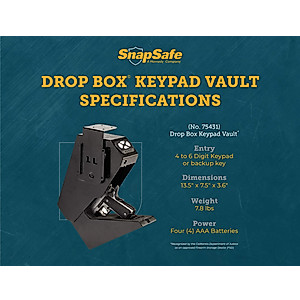 SnapSafe Drop Box Keypad Vault – Keypad Handgun Safe for Handguns – 4-6 Keypad Entry with Backup Keys – Black, Measures 13.5 (H) x 7.5 (W) x 3.6 (D) Inches - Item 75431