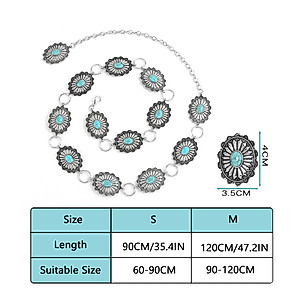 Navoky Turquoise Chain Belts Concho Belt Silver Metal Western Waist Chain Retro Boho Cowgirl Outfit Accessories for women (C, Medium)