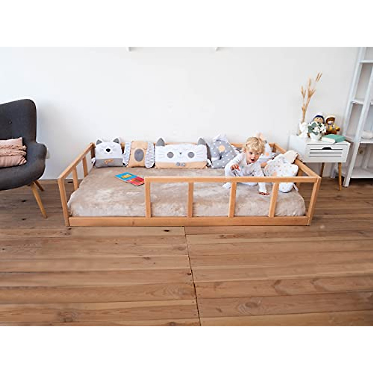 BUSYWOOD Platform Bed for Nursery - Bedroom Furniture for Toddlers - Montessori Floor Bed in Playroom for Boy and Girl (Model 10, Floor Bed without Slats)