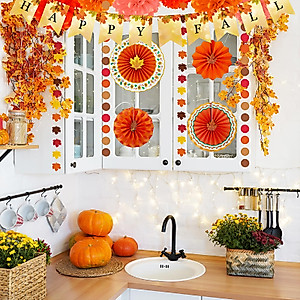 Winlyn 21 Pack Bulk Fall Party Decorations Set Auntumn Orange Hanging Paper Fans Happy Fall Banner Pom Poms Fall Maple Leaves Garlands for Thanksgiving Wedding Birthday Festival Party Backdrop Décor