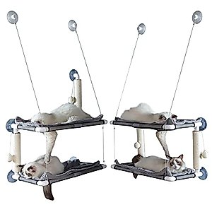 HOZOE Cat Window Perch, A Large Double-Layer Cat Hammock That Can Accommodate Multiple Cats at The Same Time, with Two Scratching Posts, Indoor Cat Ledge and Cat Bed Frame, Which Can Bear 50 Pounds…