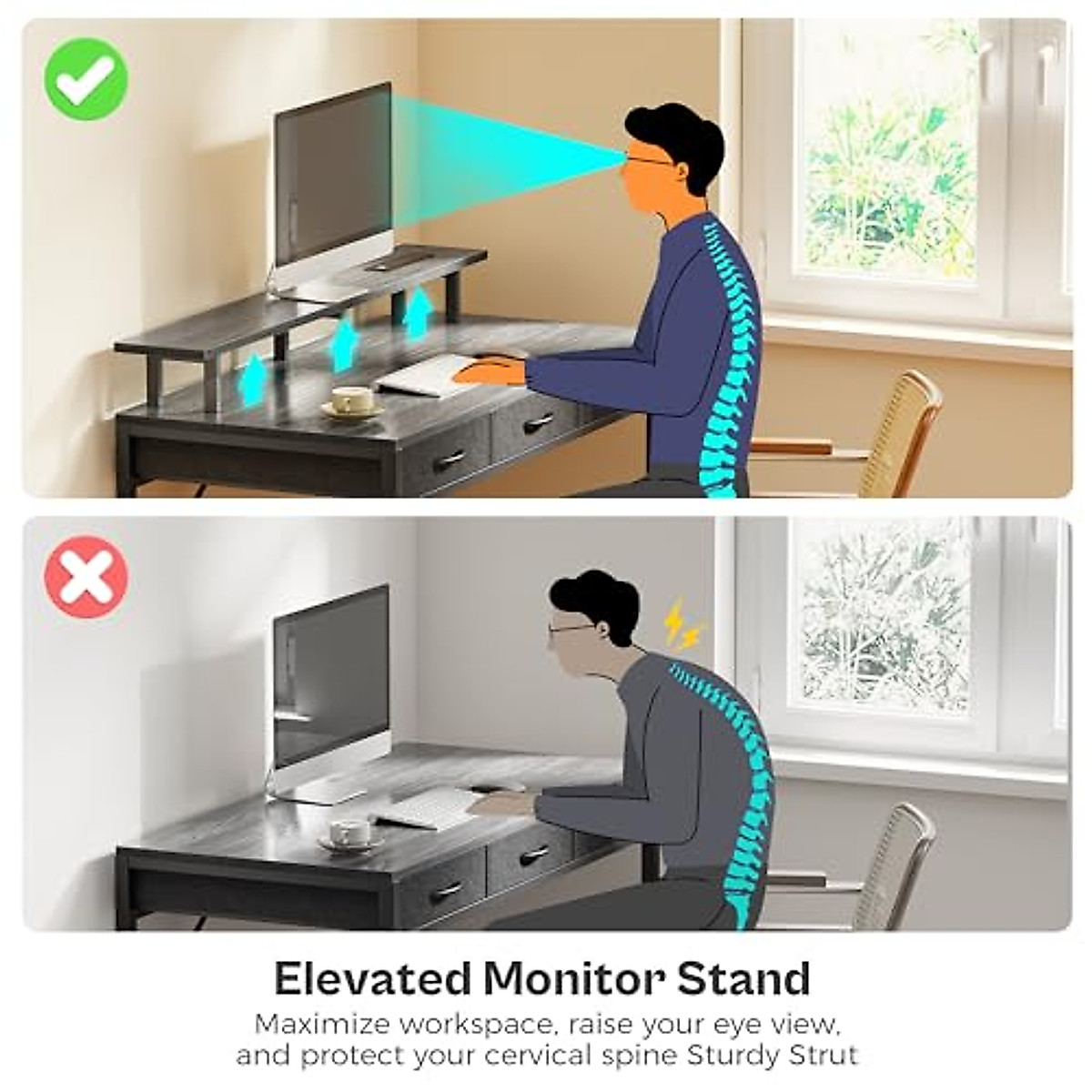 Huuger 47 inch Computer Desk with 3 Drawers, Office Desk Gaming Desk with LED Lights & Power Outlets, Home Office Desks with Storage Space for Bedroom, Work from Home, Gray