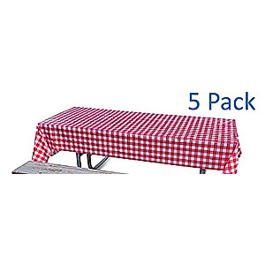 GSM Brands Disposable Tablecloths (5 Pack) - Plastic Tablecovers for Picnics or Parties with Checkered Red and White Design