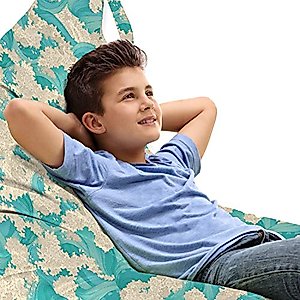 Ambesonne Waves Lounger Chair Bag, Vintage Ornate Boundless Curved Lines Ocean Theme Sea Coastal Ethnic Design, High Capacity Storage with Handle Container, Lounger Size, Turquoise and Beige