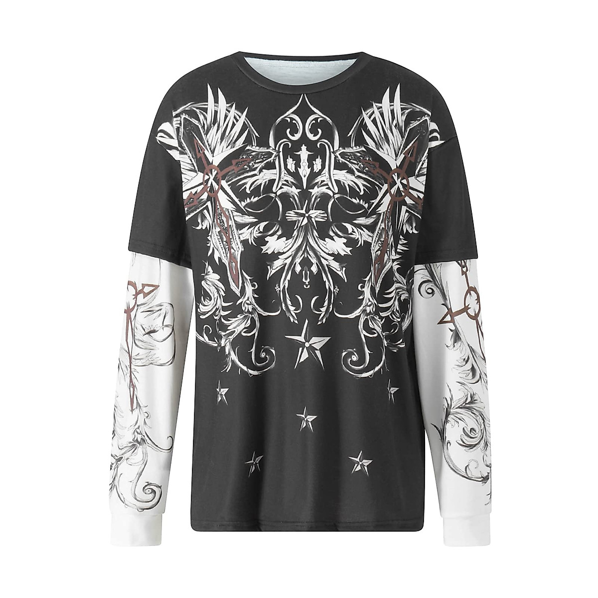 Axupico Womens Fake Two-Piece Gothic Shirts Long Sleeve E-Girls Aesthetic Grunge Tops Vintage Graphic Fall Clothes (1-Black, L)