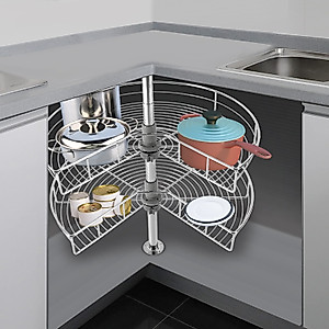 Fetcoi 2 Tier Kidney Chrome Lazy Susan, 28” Kitchen Base Cabinet Corner Organizer, 270° Rotating Blind Corner Wire Cabinet Mounted Rotating Storage Rack for Kitchen Storage