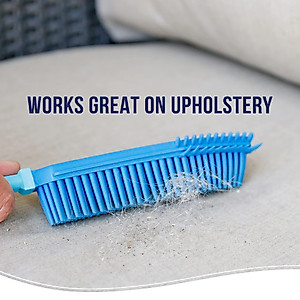 Don Aslett's Rubber Broom (12") and Hand Brush (10") Set | 59-inch Steel Pole | Multipurpose Synthetic Rubber Bristles Cleans Pet Cat or Dog Hair, Liquid Spills on Concrete & Hardwood Surface (Blue)