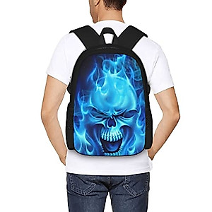 ALIFAFA Skull School Backpack Cool Skull with Blue Fire Bookbag for Boys Girls Elementary Middle High College School Casual Travel Bag Computer Laptop Daypack Rucksack, 17 Inch