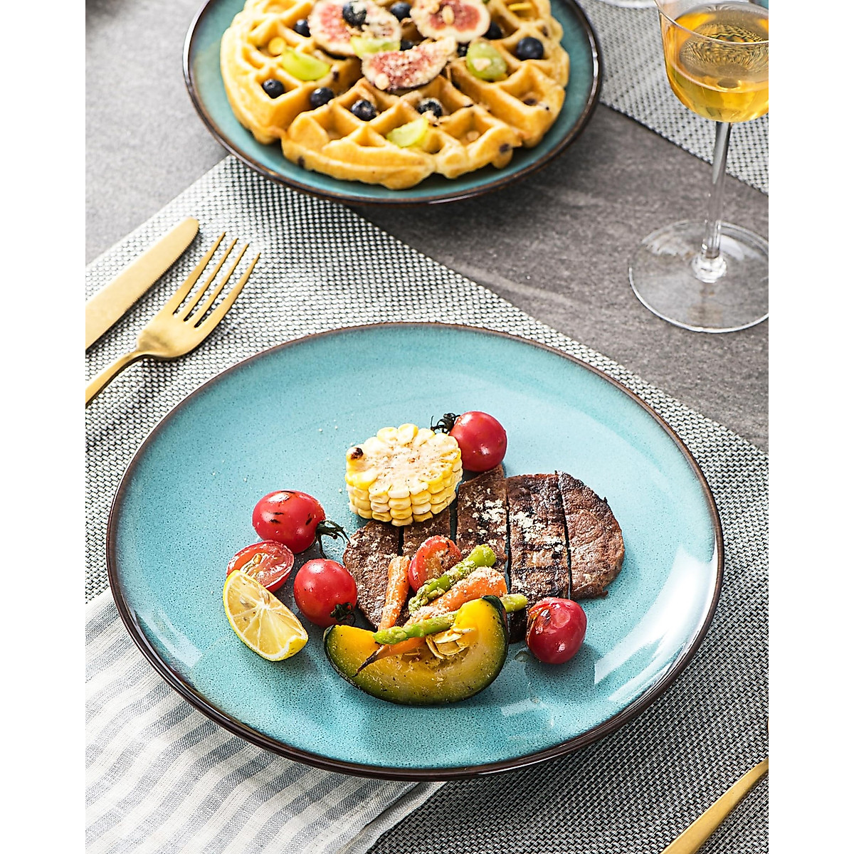 HENXFEN LEAD Dinner Plates Set of 4, Large Serving Dishes 10 Inch for Steak, Salad, Pasta - Stoneware Dinnerware Sets Dishwasher, Microwave, Oven Safe, Aqua