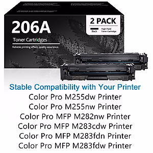 206A Black Toner Cartridges 2-Pack (with Chip) : Replacement for HP 206A W2110A 206X W2110X Works for Color Laserjet Pro MFP M283cdw M283fdw M283fdn M282nw Pro M255dw M255nw Printer Ink